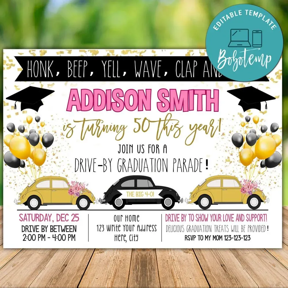Printable Women Black Gold Car Parade Birthday Flyer DIY | Bobotemp