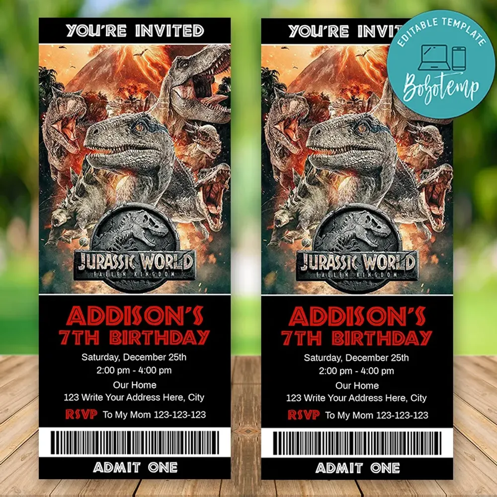 Editable Jurassic World Movie Birthday Ticket Invitation DIY | Bobotemp