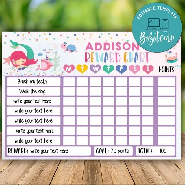 Calendars & Planners Instant Download Personalized Mermaid Chore Chart ...