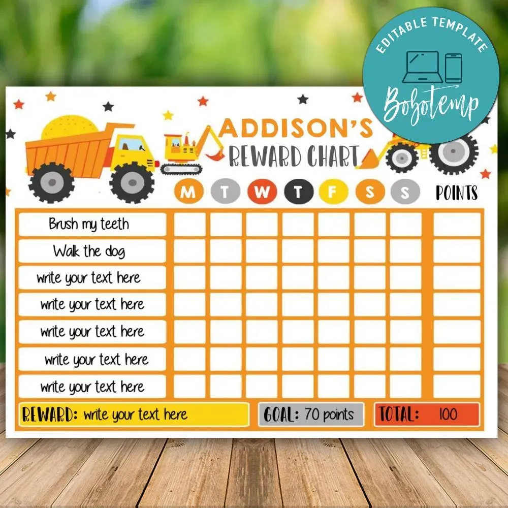 Printable Construction Reward Chart Instant Download | Bobotemp