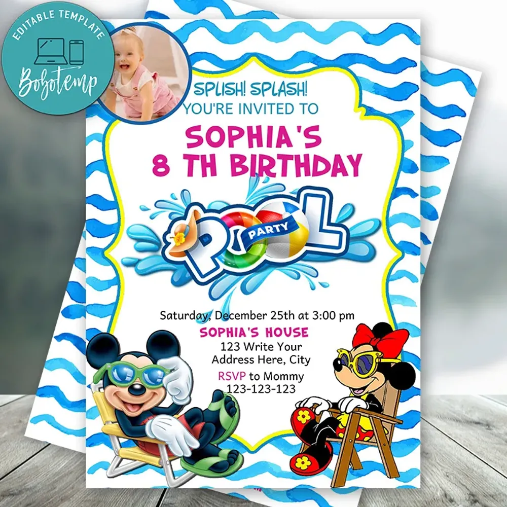 Editable Mickey and Minnie Mouse Pool Party Invitation With Photo ...