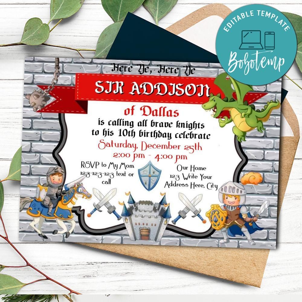 Knights and dragons Birthday Invitation Template Instant Download ...