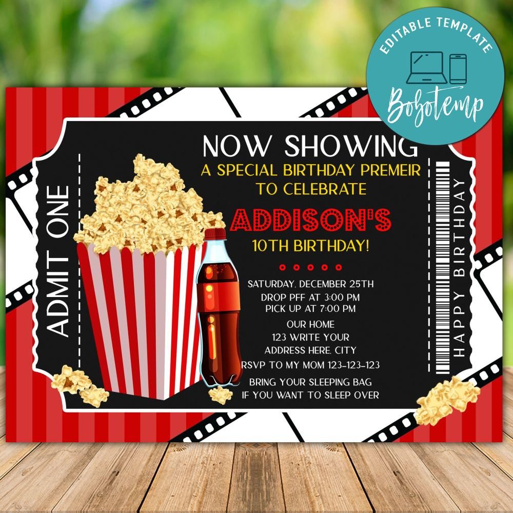 Printable Movie Night Birthday Ticket Invitation Instant Download 