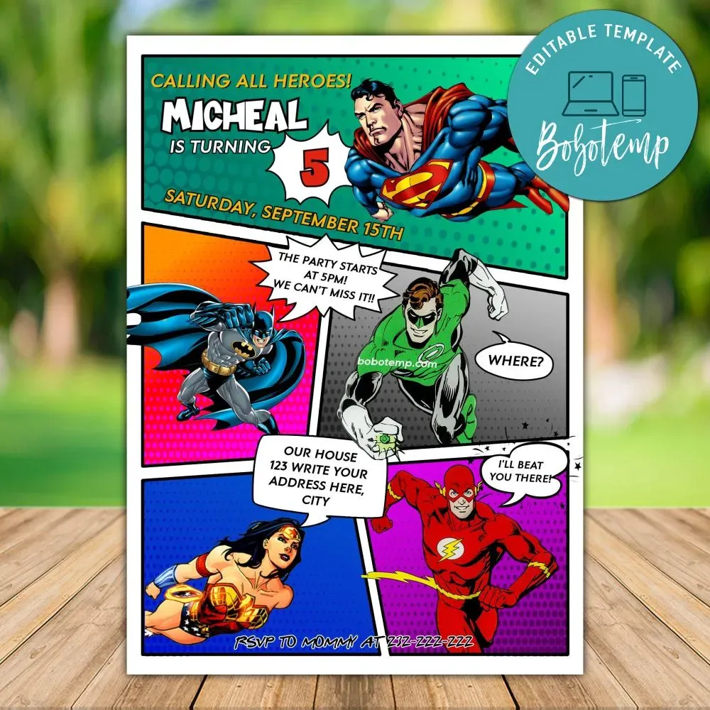 Editable Calling All DC Comic Birthday Flyer DIY | Bobotemp