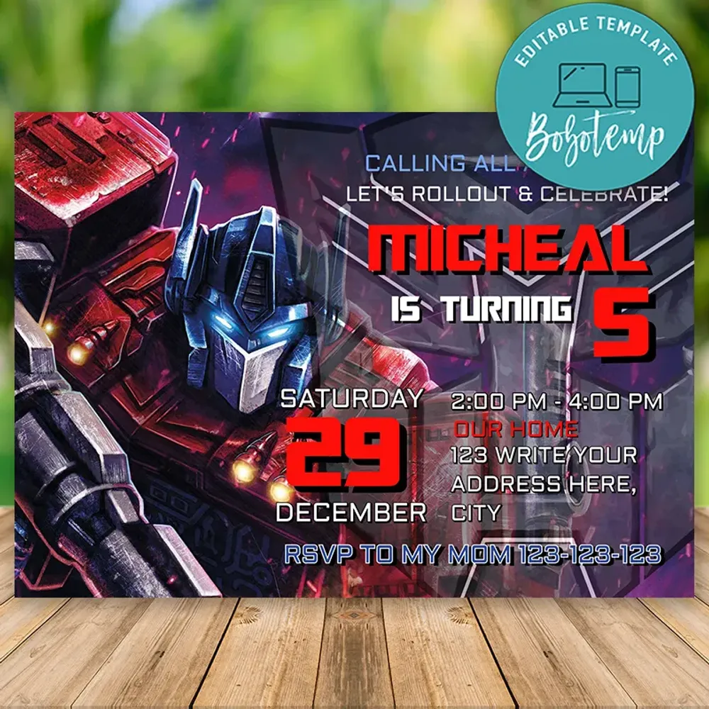 Editable Transformers OPTIMUS PRIME Birthday Invitations DIY | Bobotemp