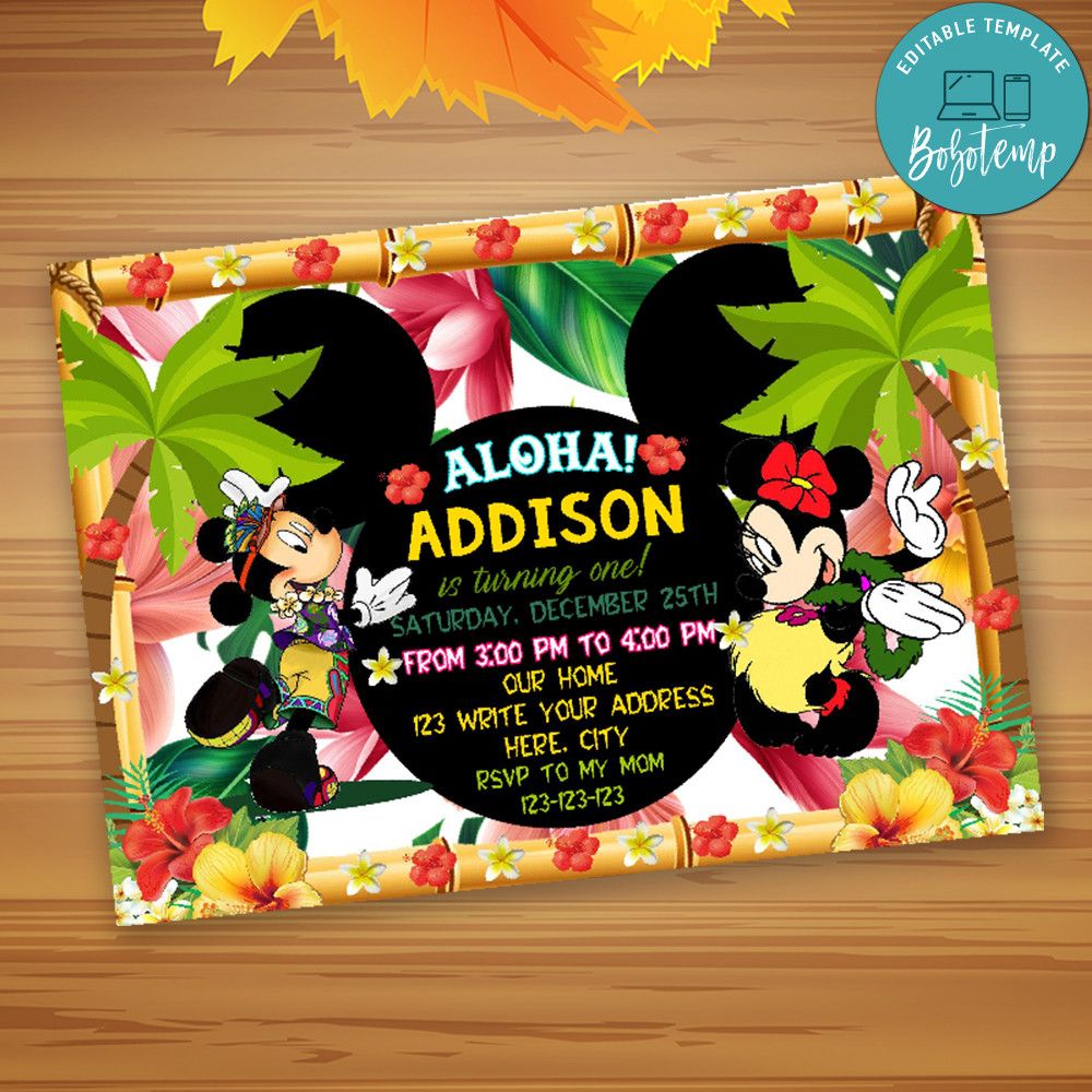 Minnie Mouse Luau Birthday Invitation Digital Add on Prints Paper Paper ...