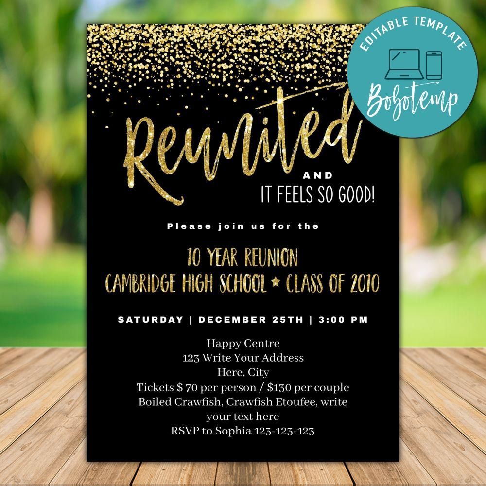 Printable Black And Gold Class Reunion Invitation Template DIY 