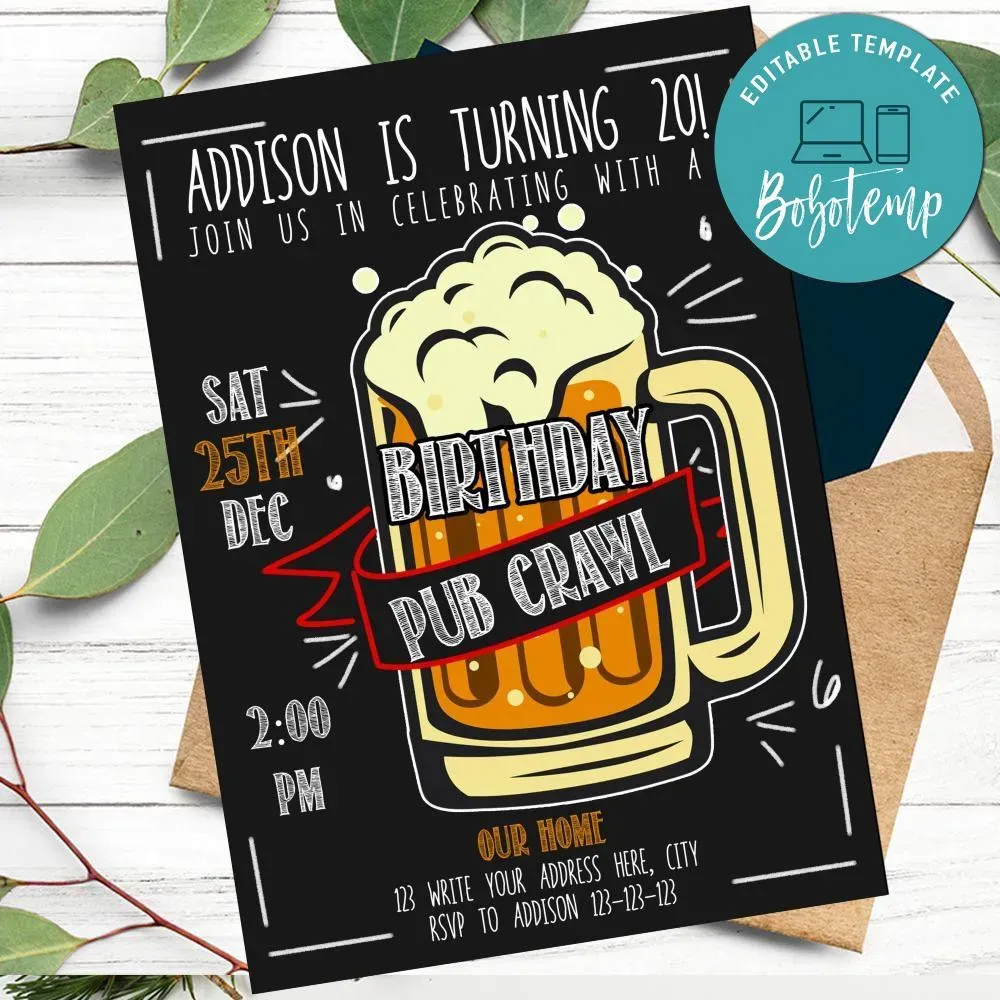 Bar Crawl Invitation Customizable Template DIY | Bobotemp