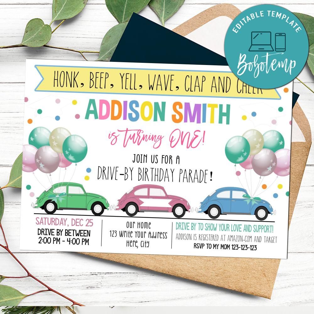 Printable Drive By First Birthday Parade Invitation Template DIY | Bobotemp