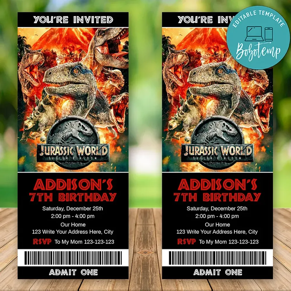 Editable Fallen Kingdom Birthday Ticket Invitation DIY | Bobotemp