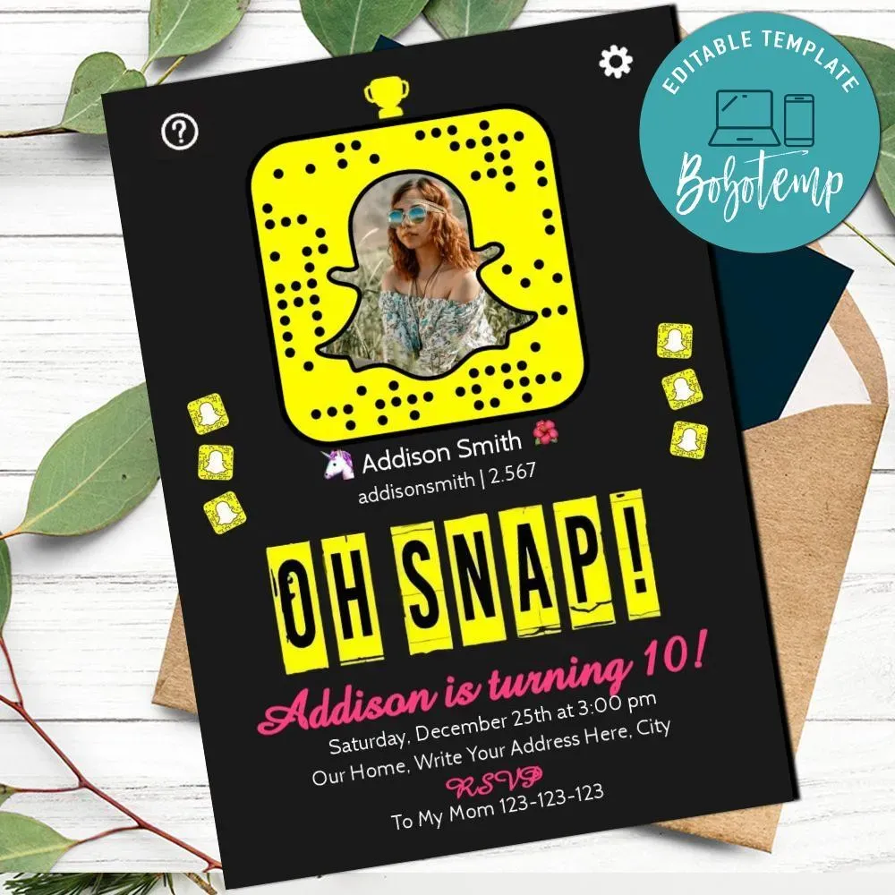 Snap Chat Invitation Template to print at home Instant Download | Bobotemp