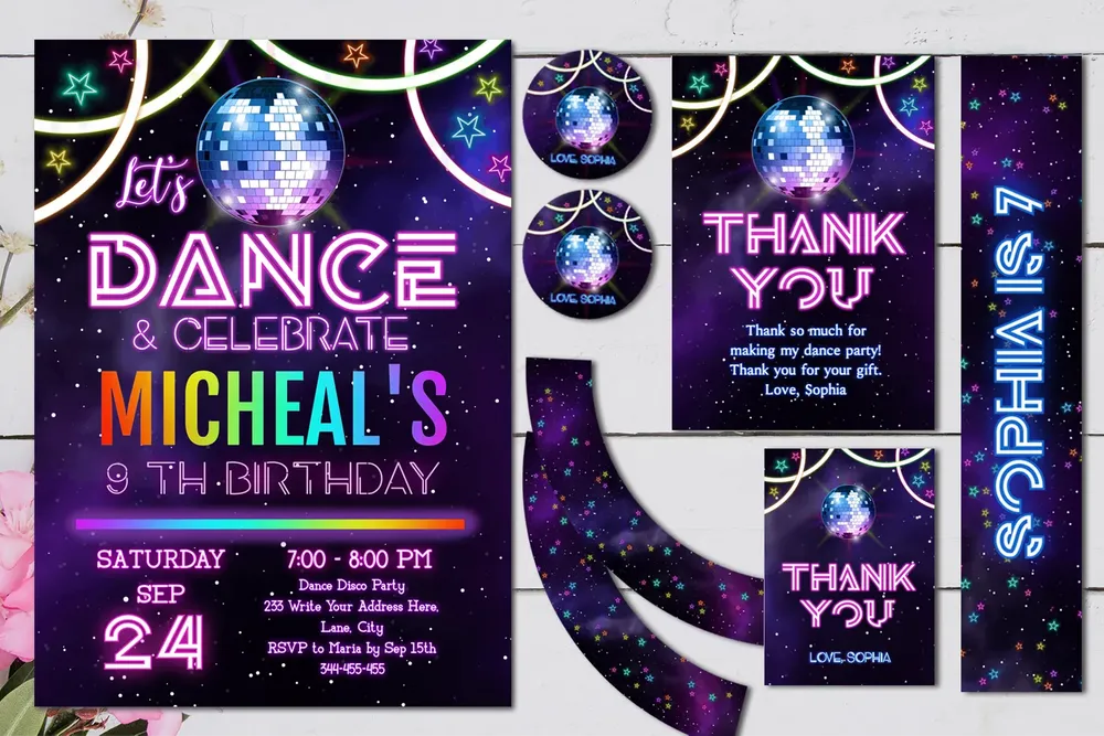 Editable Dance Party SET Birthday Flyer - Glow Rainbow Disco | Bobotemp