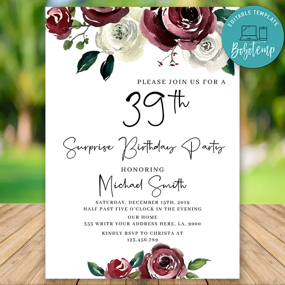 Editable Surprise 39th Women Birthday Invitation Instant Download ...