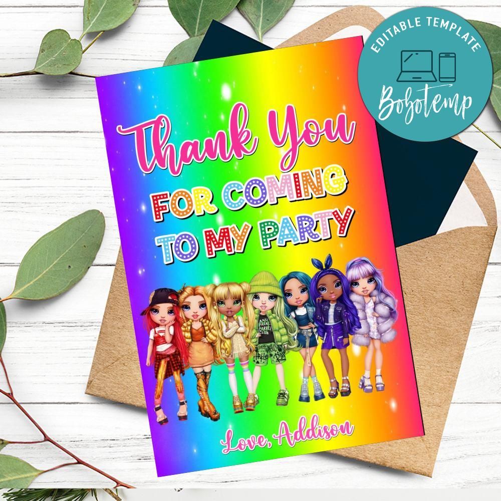 Paper & Party Supplies Greeting Cards Editable rainbow thank you card ...