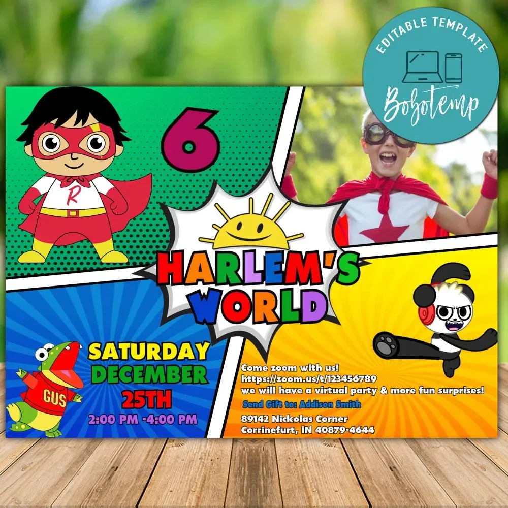 Printable Ryan's World Virtual Party Invitation Template DIY | Bobotemp