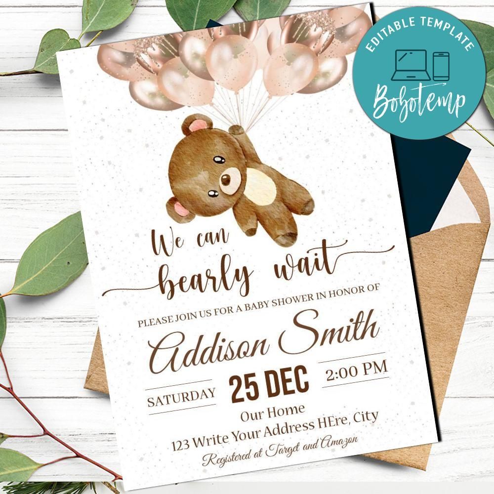 Teddy Bear We Can Bearly Wait Baby Shower Invitation Template DIY 