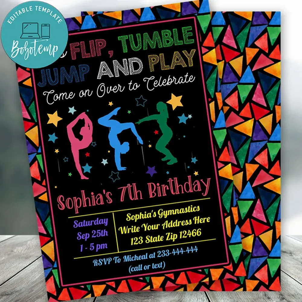 Editable Gymnastics Birthday Flyer Girl Party Flyer DIY | Bobotemp
