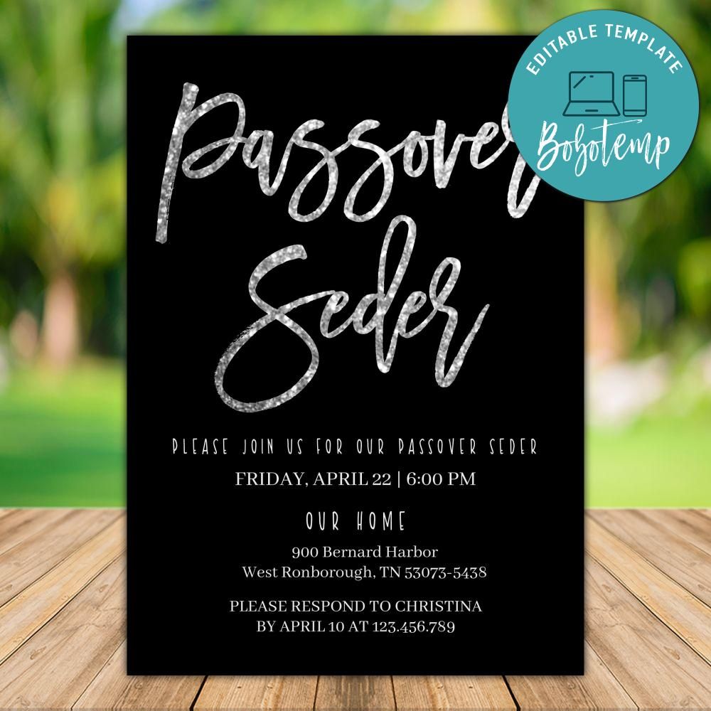 Printable Simple Black Silver Passover Seder Invitation DIY | Bobotemp
