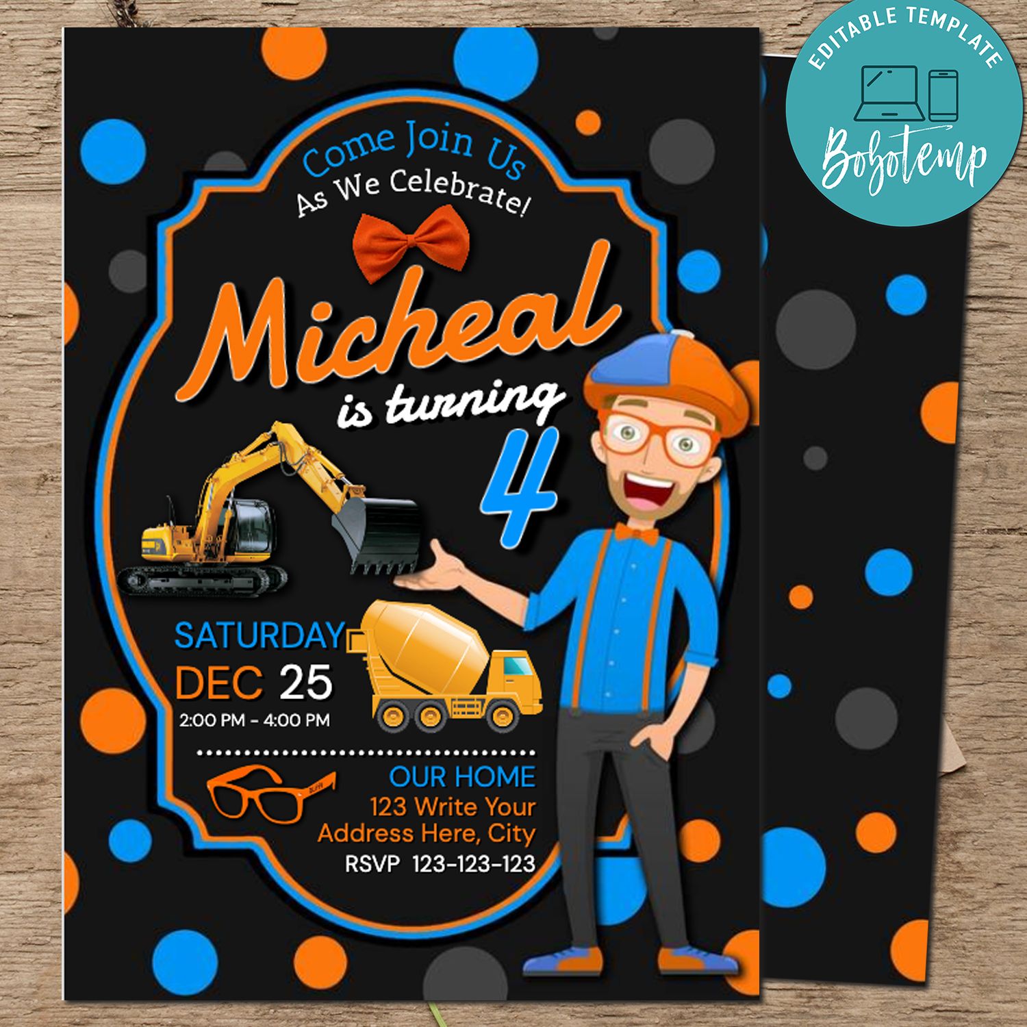 Editable Blippi Birthday Party Invitation Digital File Bobotemp