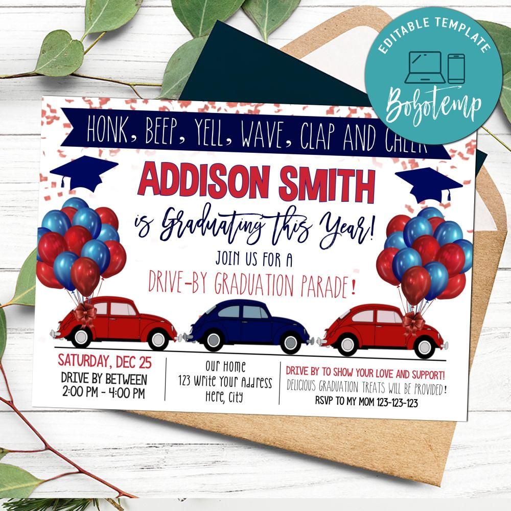 Navy and Red Drive By Graduation Invitation Printable Instant Dow ...