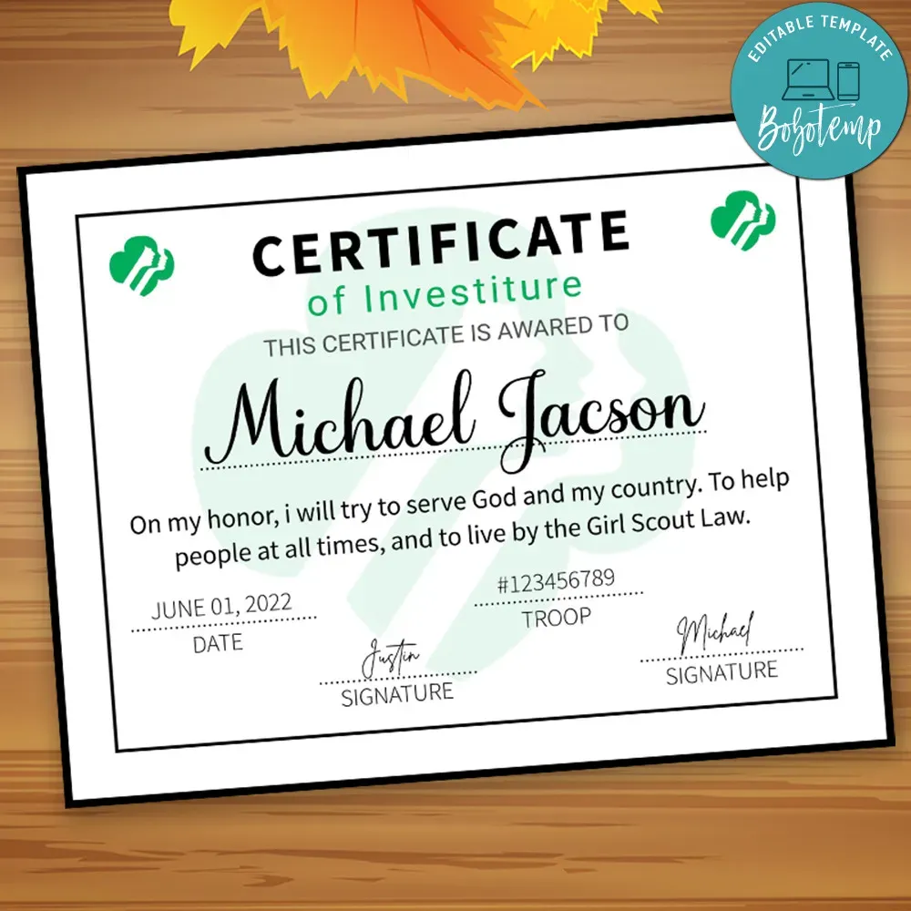 Girl Scout Investiture Certificate Customizable Template Instant | Bobotemp