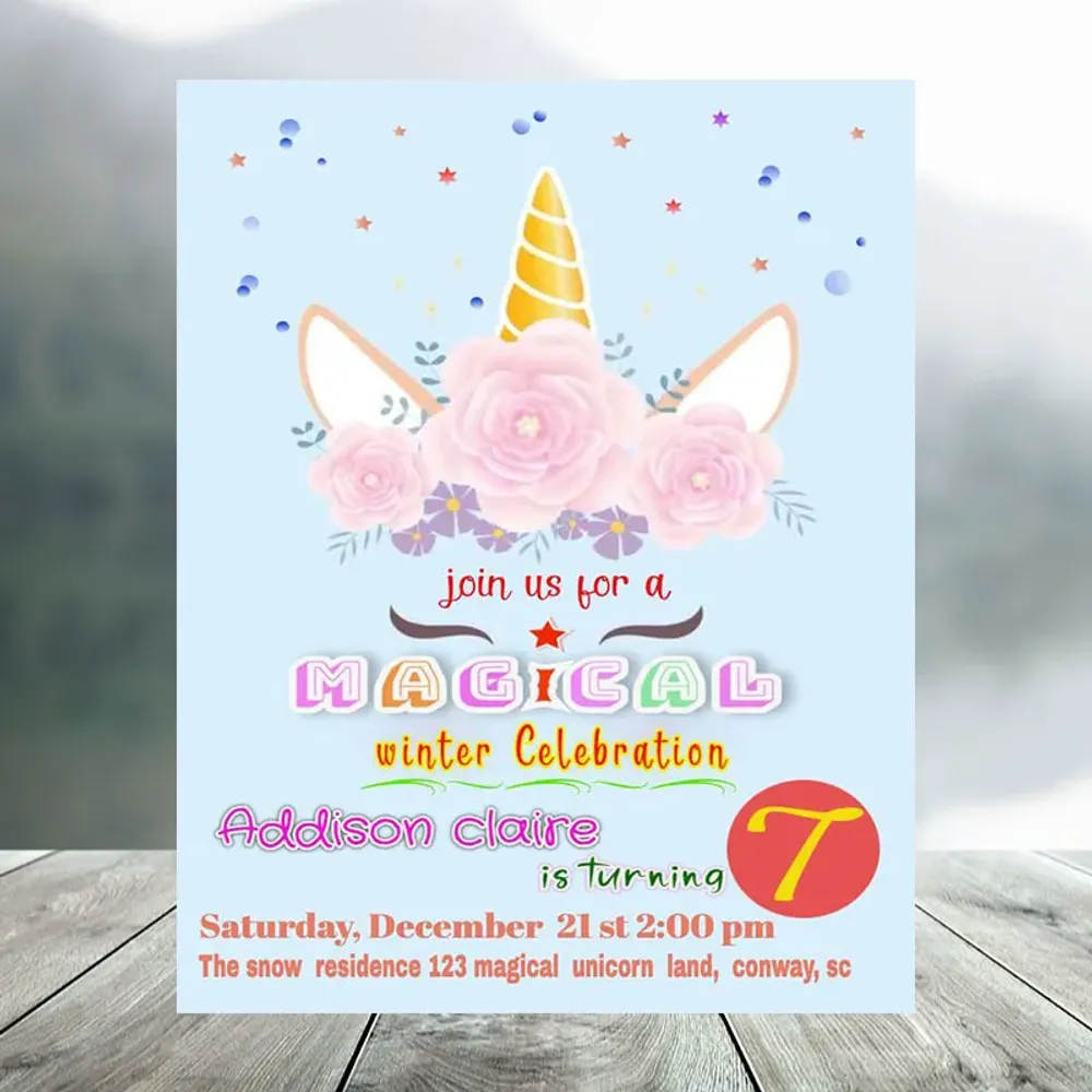 Editable Magical Winter Unicorn Birthday Flyer DIY | Bobotemp