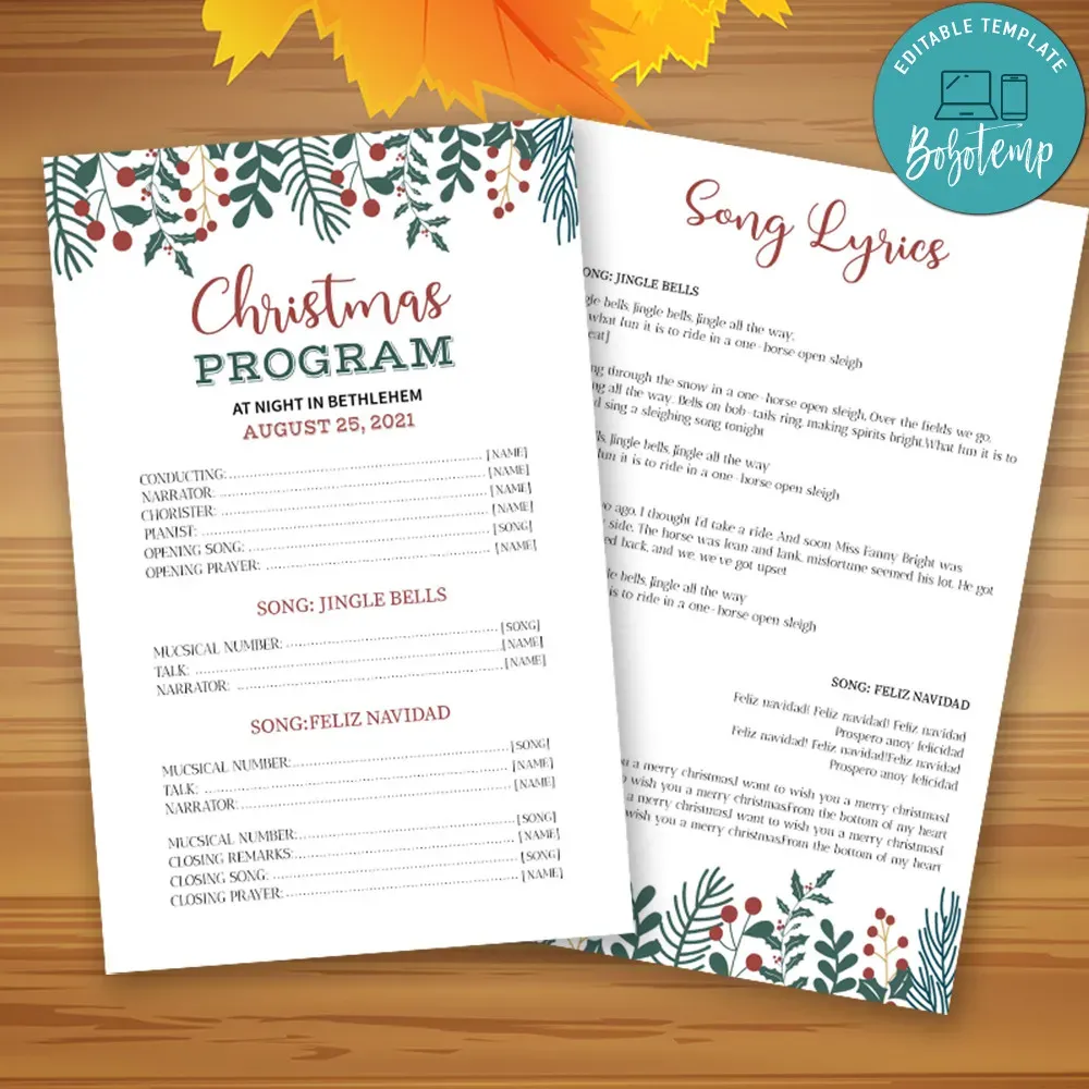 Christmas Program Customizable Template Instant Download | Bobotemp