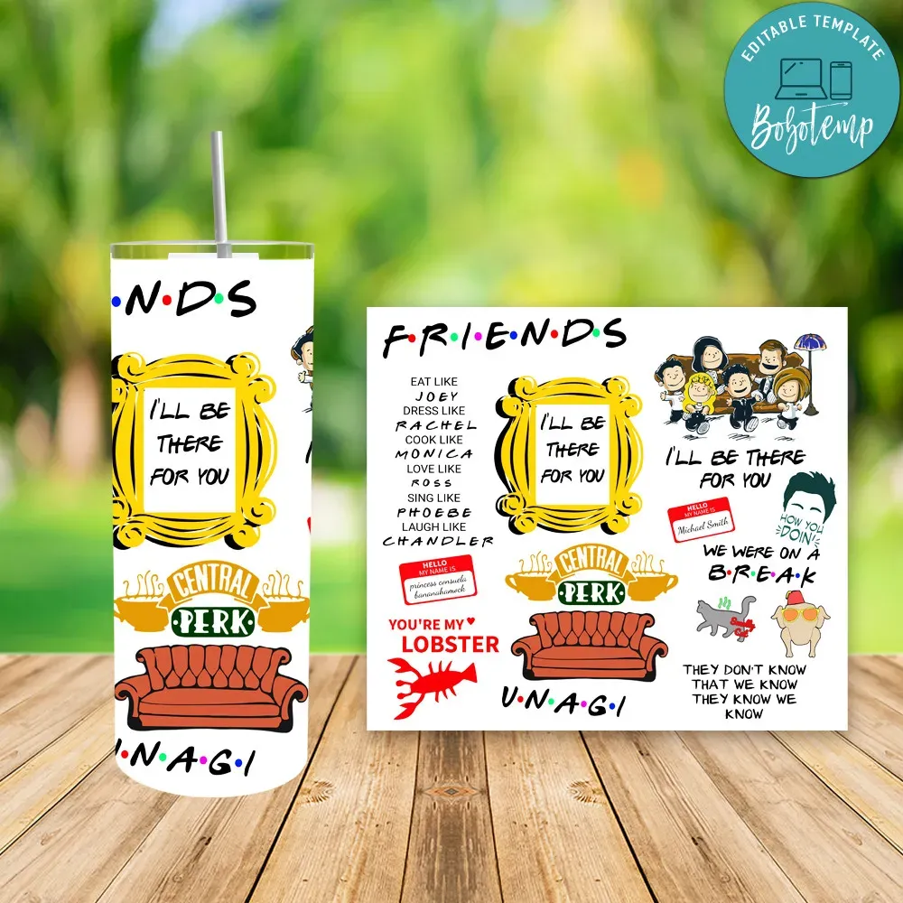 Friends TV Show 20 oz Skinny Tumbler Wrap PNG Template | Bobotemp