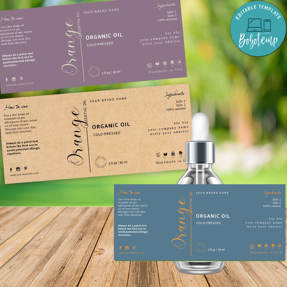 Elegant Botanicals Essential Oil Label Customizable Template DIY | Bobotemp