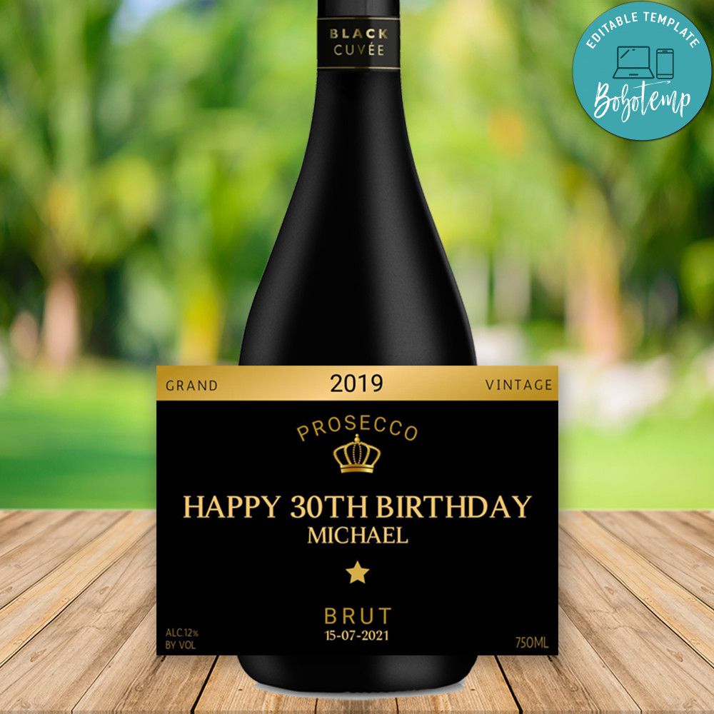 Prosecco Black Birthday Bottle Label Customizable Template DIY | Bobotemp