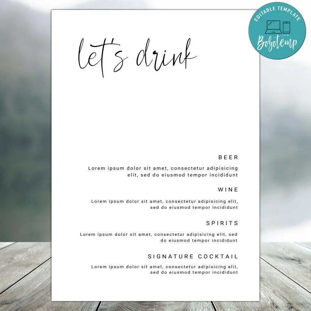 Editable Modern Wedding Bar Menu Templates Instant Download | Bobotemp