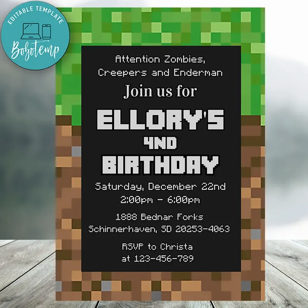 Editable Minecraft Video Game Party Invitation Descarga instantánea ...