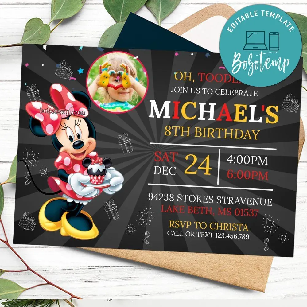 Editable Disney Minnie Mouse Birthday Flyer With Photo DIY | Bobotemp