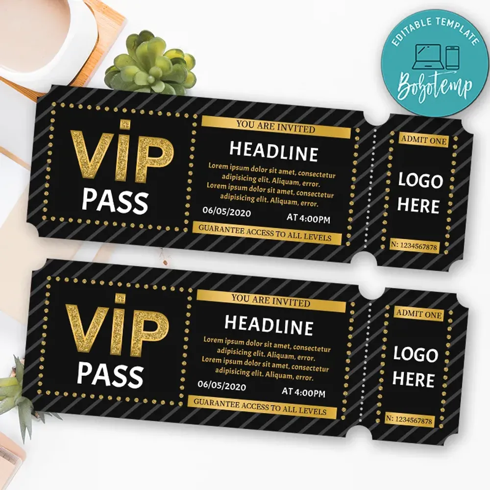 Printable Gold Vip Pass Admission Ticket Template DIY | Bobotemp