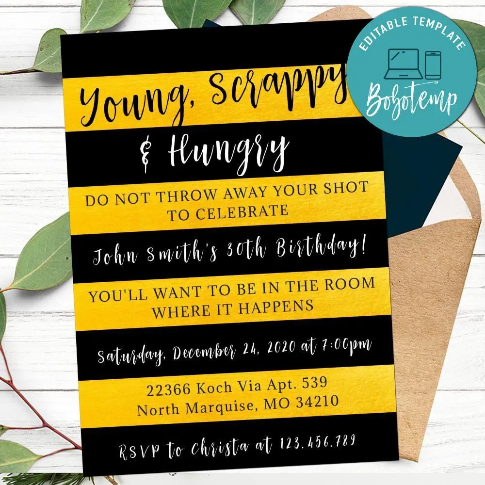 Editable Hamilton Birthday Party Invite Instant Download | Bobotemp