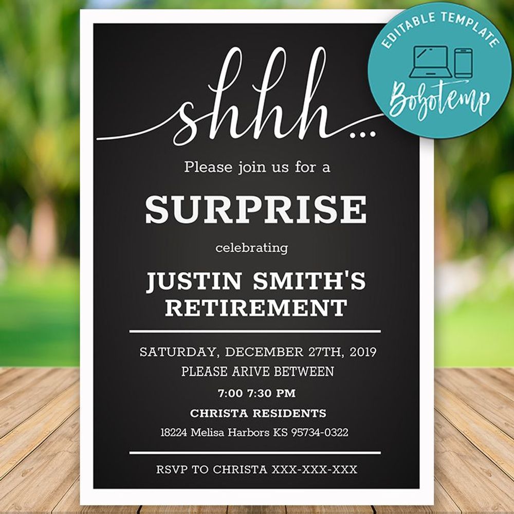 Editable Simple Elegant Surprise Retirement Party Invitation DIY Bobotemp
