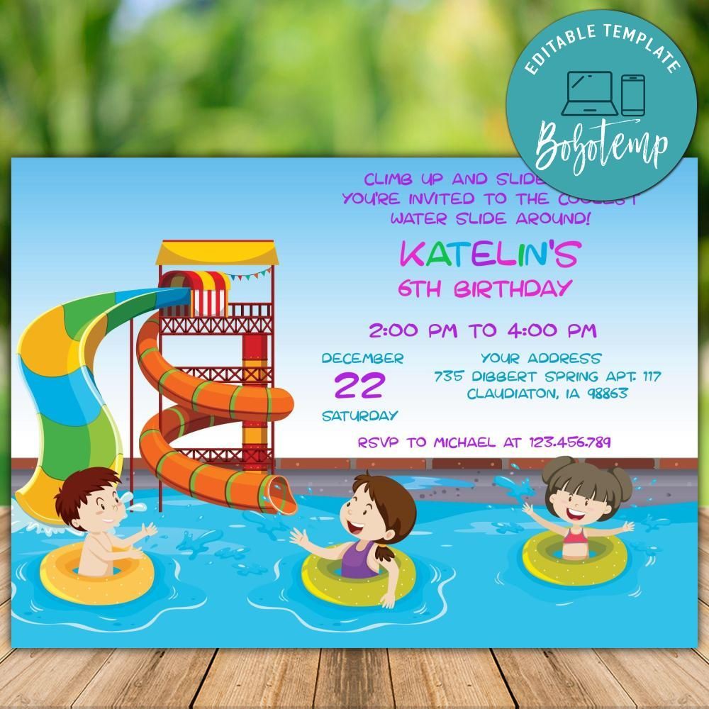 Editable Girl Water Park Birthday Invitation Instant Download 