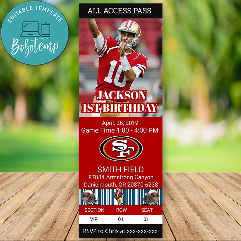 Editable 49ers Birthday Ticket Style Sports Party Invites DIY Bobotemp