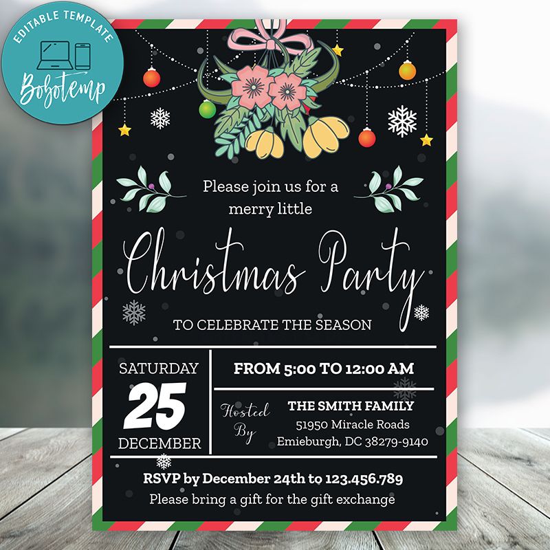 Editable Rustic Mistletoe Winter Christmas Party Invitation DIY | Bobotemp
