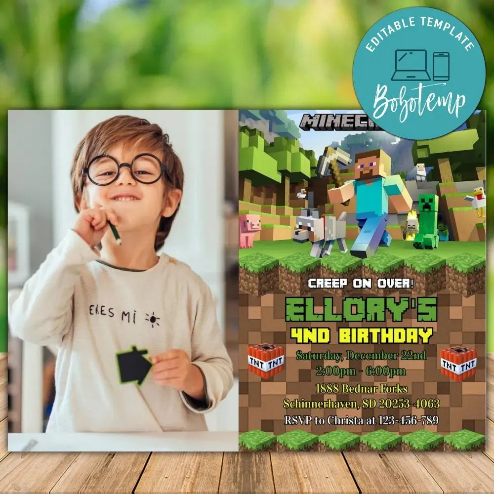 Printable Minecraft Birthday Flyer With Photo DIY | Bobotemp