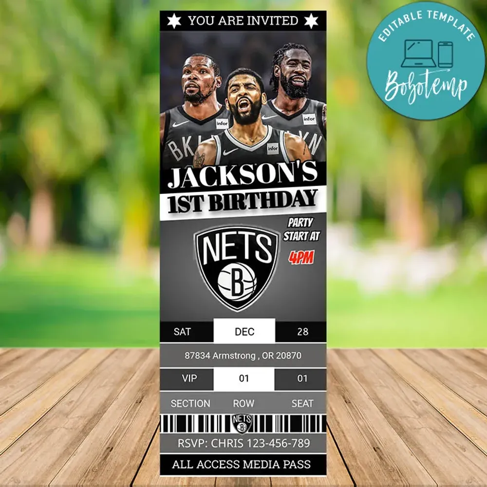 Editable Brooklyn Nets Sports Ticket Invitation Instant Download | Bobotemp