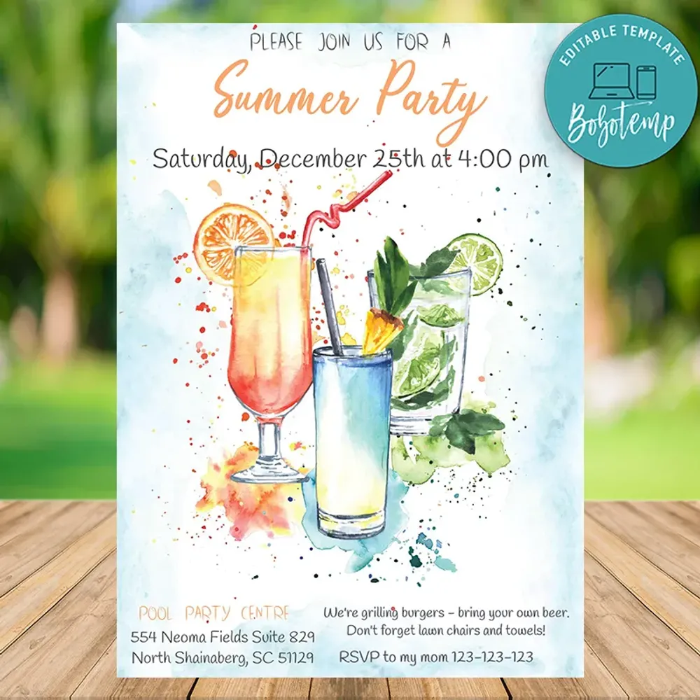 Editable Summer Cocktail Party Invitation Instant Download | Sunmily