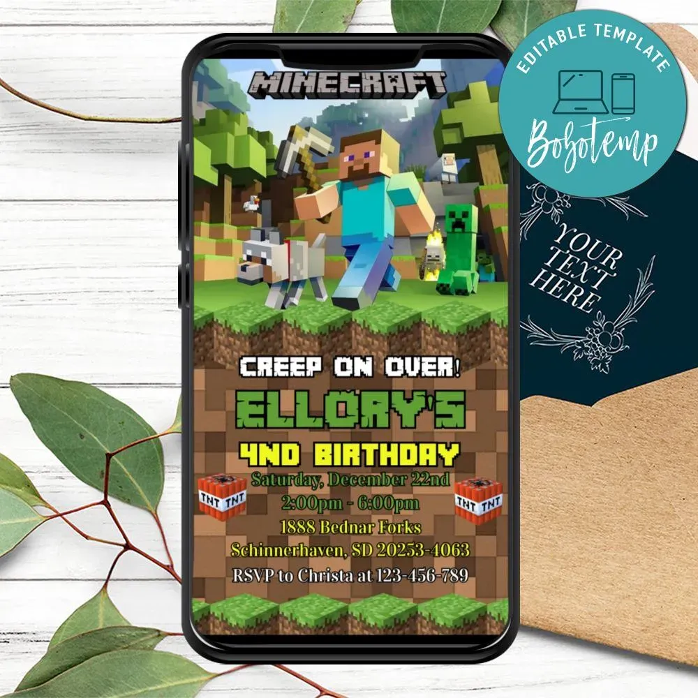 Minecraft Birthday Electronic Invite Invitation Printable | Bobotemp