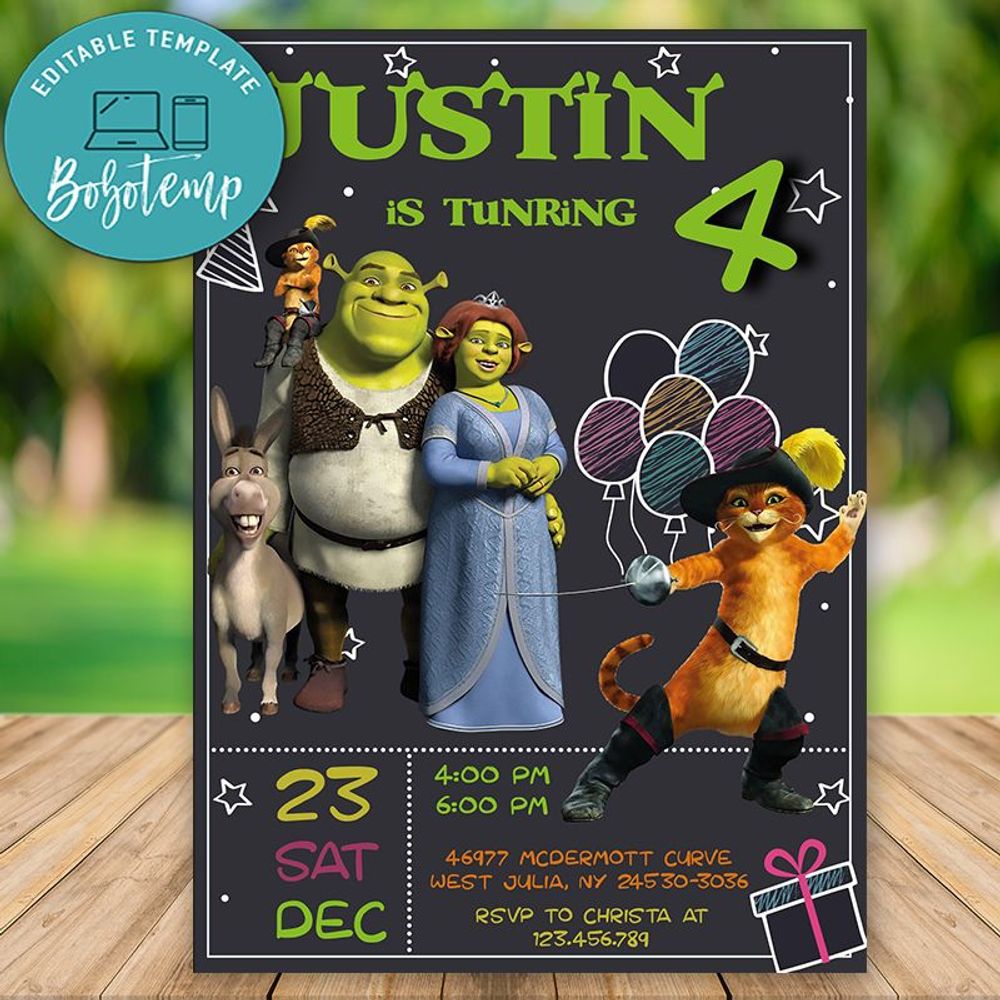 Editable Shrek Birthday Invitations Instant Download Bobotemp