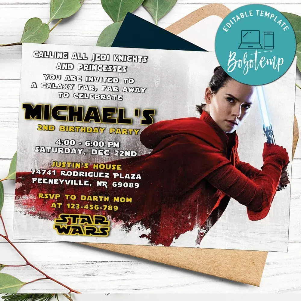 Editable Rey Star Wars the last Jedi Birthday Flyer Instant | Bobotemp