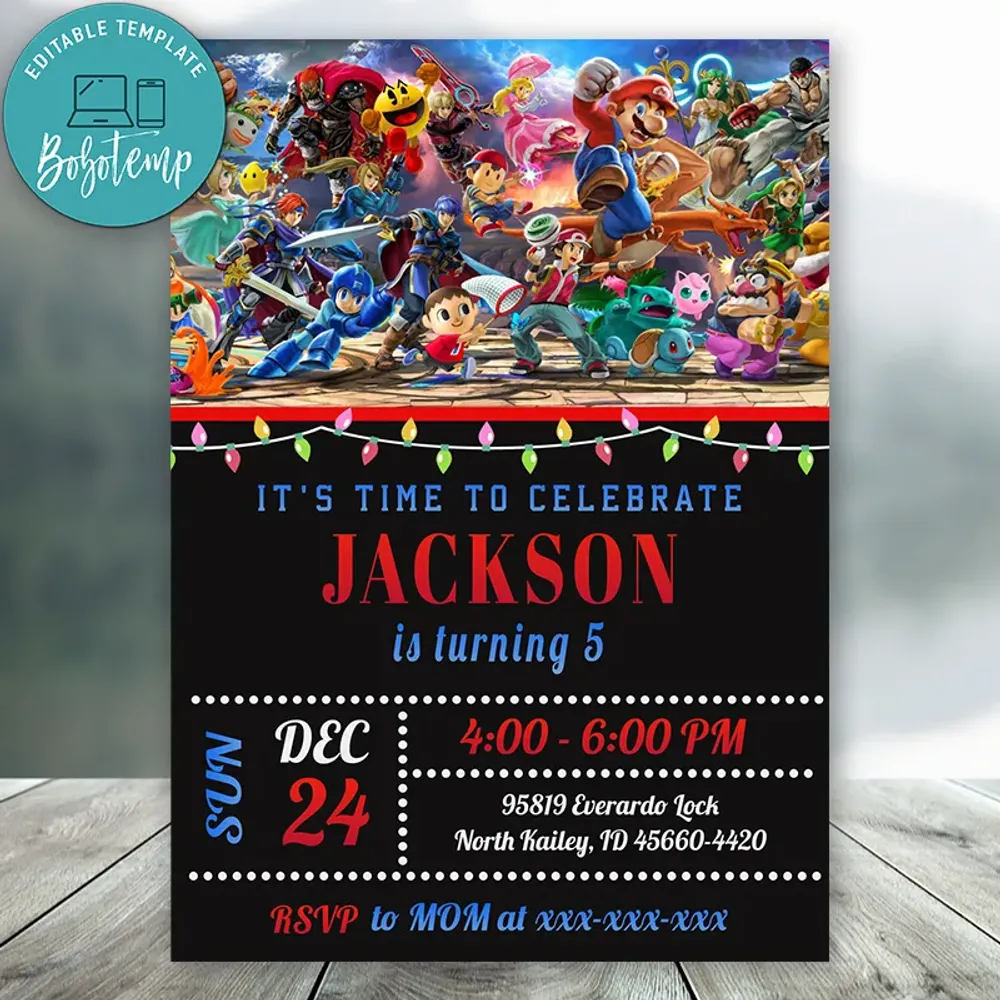 Editable Super smash Brothers Birthday Invitation Digital File | Bobotemp