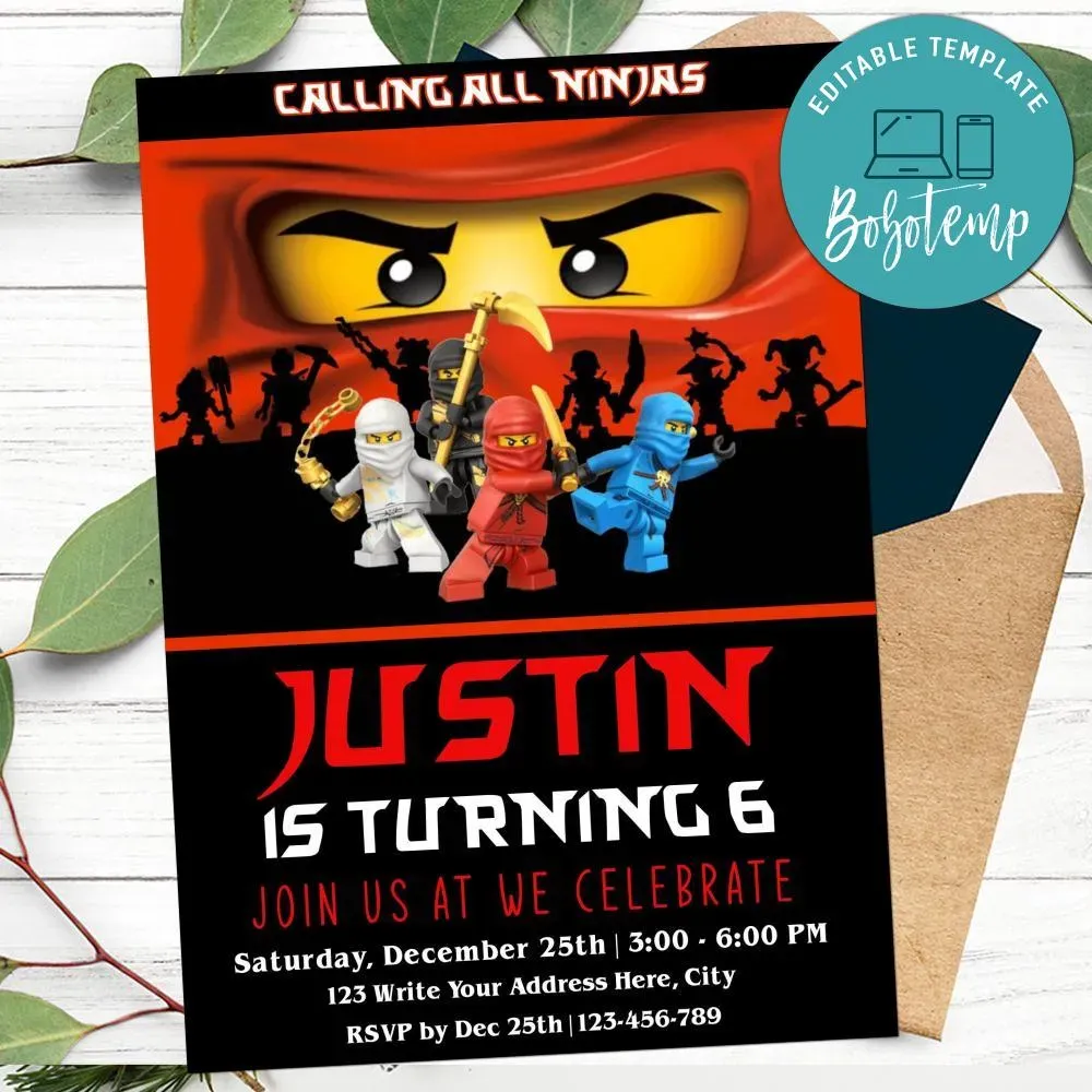 Editable Calling All Ninjas Lego Ninjago Birthday Invitations DIY ...
