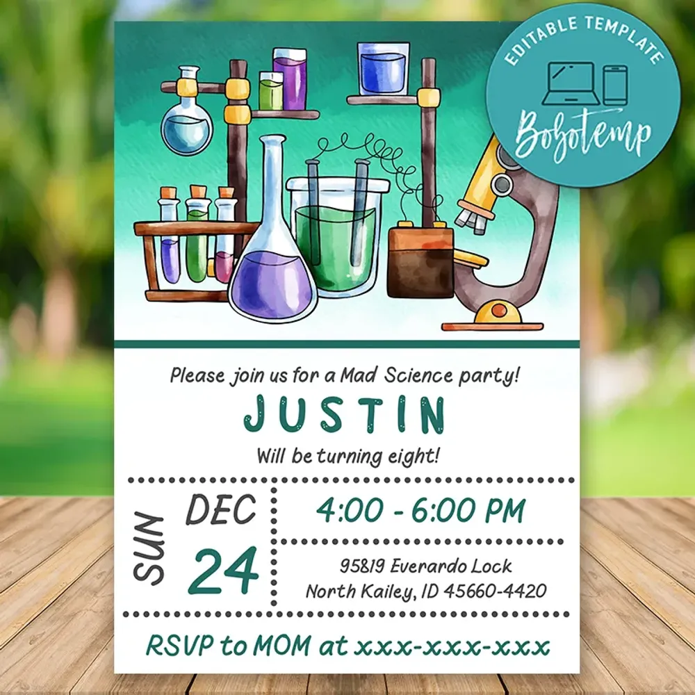 Editable Mad Science Birthday Flyer Instant Download | Bobotemp