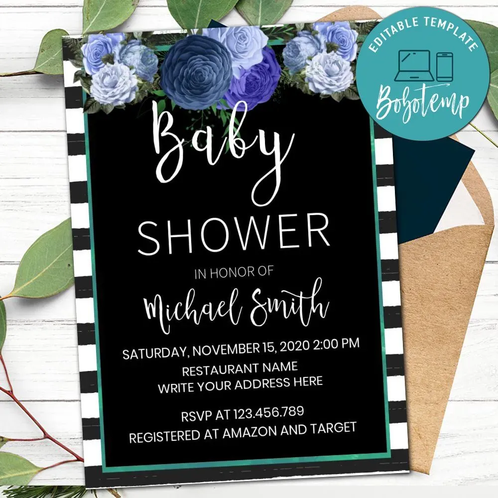 Customizable Blue & Black Baby Shower Printable Invitations | Bobotemp