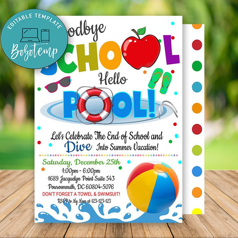 Editable Goodbye School Hello Pool Party Instant Download | Bobotemp